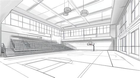 Basketball Court Sketch Gym With Bleachers And Hoop Architectural