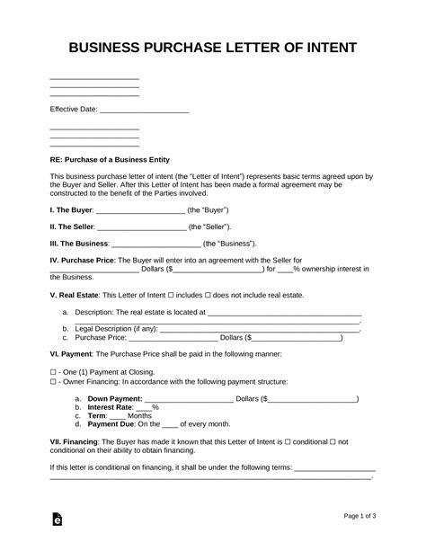 Free Business Purchase Letter Of Intent Template Pdf Word Eforms