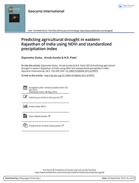 Pdf Predicting Agricultural Drought In Eastern Rajasthan Of India Using Ndvi And Standardized