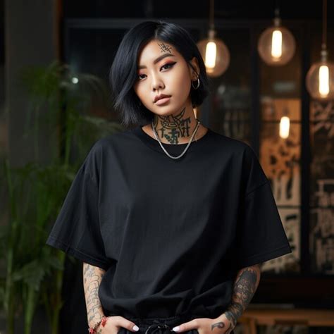 Premium Photo An Asian Girl With Tattoos Wearing A Black Oversized Tshirt