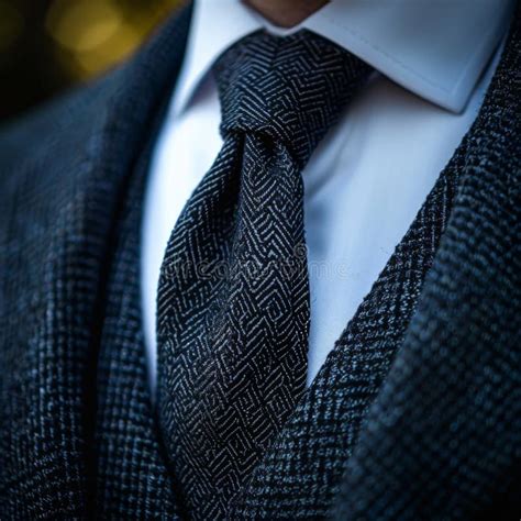 Close Up Of A Dark Blue Necktie With A Geometric Pattern On A Suit