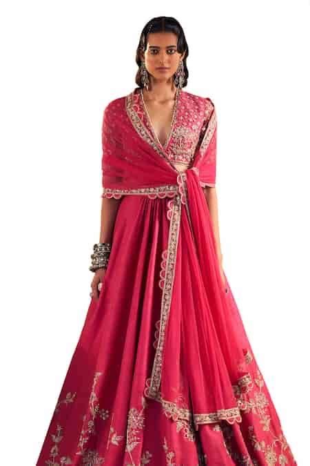 Buy Pink Net Silk Pearls Sequins Beads Tabeer Floral Embellished Lehenga Set For Women By