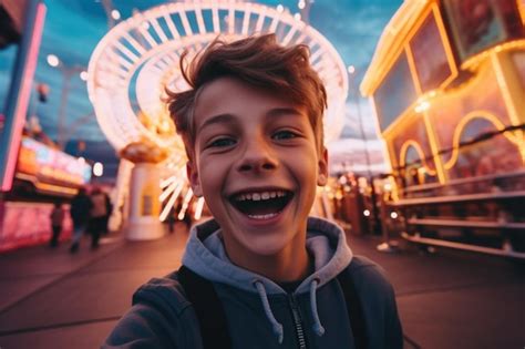 Premium Ai Image Boy In A Theme Park Happy And Surprised Expression