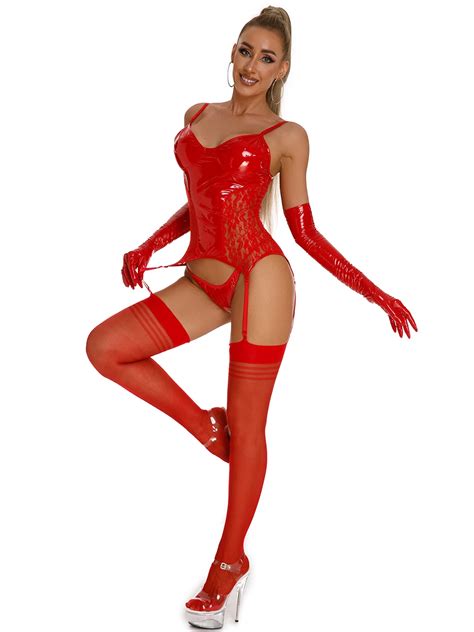 여성 노출 라텍스 바스크 멜빵 G 문자열 끈 스타킹 세트 웨트 룩 Pu 가죽 메쉬 Catsuit 점프 슈트 섹시 란제리