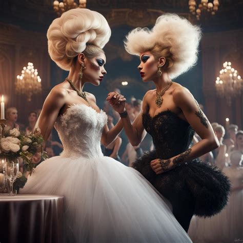 Hyperreal Campy Drag Queen In A Short Black Wedding Dress With A Big