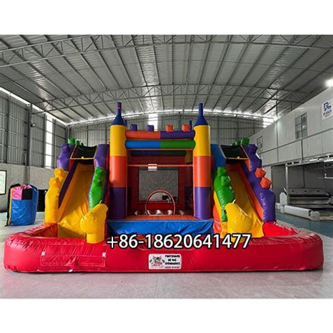 Double Slide Building Blocks Themed Inflatable Water Park With Splash