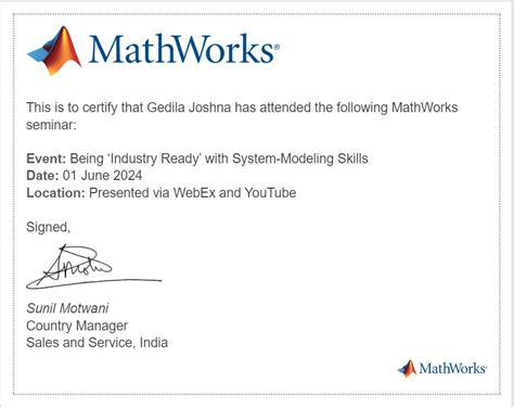 Gedila Joshna On Linkedin Mathworks Matlab Simulink Learning