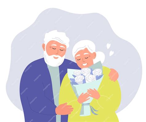 Premium Vector Happy Elderly Couple Hugging The Old Man Gives Flowers