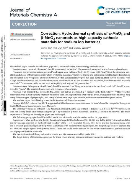 Pdf Correction Hydrothermal Synthesis Of α Mno 2 And β Mno 2