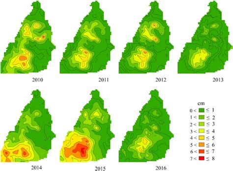 observed annual subsidence rate distribution from 2010 to 2016 in