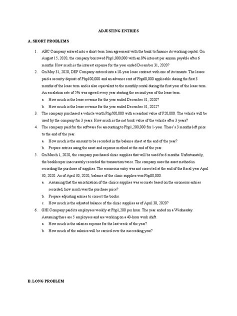 Adjusting Entries A Short Problems Pdf Bookkeeping Lease