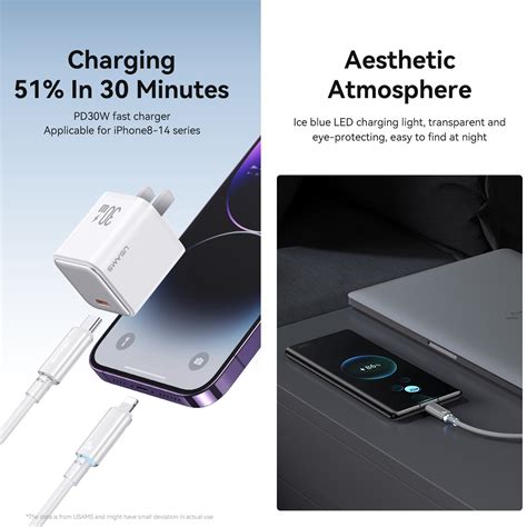 Usams Type C To 8 Pin Aluminum Alloy Clear Led 30w Pd Fast Charge Data Cable 1 2m Black