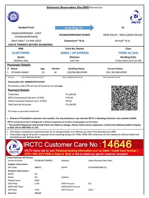 Railway Ticket Vskp Tp Ndls 13th Feb Pdf Identity Document