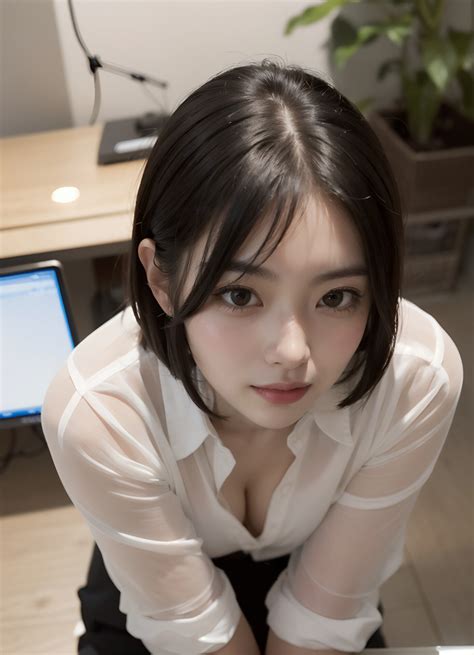 胸元がセクシーなワイシャツ姿で見上げる女性[3476650513] Ai美女フリー素材 Aipix
