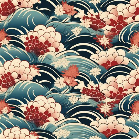 Traditional Japanese Pattern Wave And Flowers Japanese Patterns
