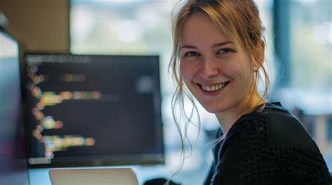 portrait of happy and successful female programmer inside office at