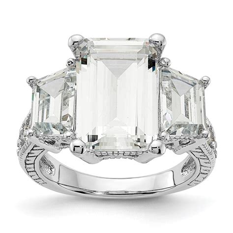 Sterling Silver Cheryl M Rhodium Plated Fancy Emerald Cut And Brilliant