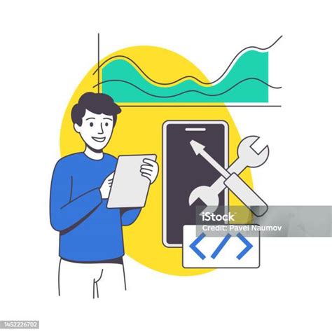 남자 앱 개발 전문 모바일 장치에 대 한 소프트웨어 응용 프로그램을 개발 벡터 일러스트 레이 션 개발에 대한 스톡 벡터 아트 및
