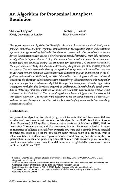 Lappin And Leass Pronoun Resolution Algorithm An Algorithm For