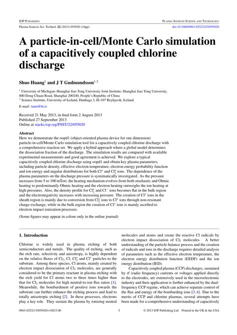 A Particle In Cellmonte Carlo Simulation Of A Capacitively Coupled Chlorine Discharge Request Pdf