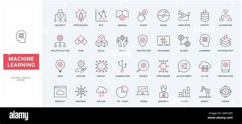 Machine Learning Thin Black And Red Line Icons Set Vector Illustration Outline Pictogram
