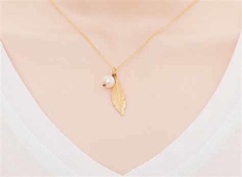 Gold Feather Pendant Gold Pearl Leaf Necklace Gold Feather Etsy