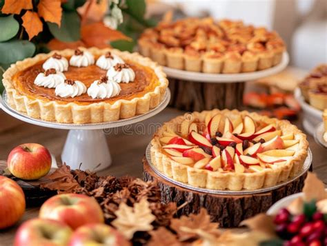 Assorted Pies And Apples On A Wooden Table For A Festive Gathering
