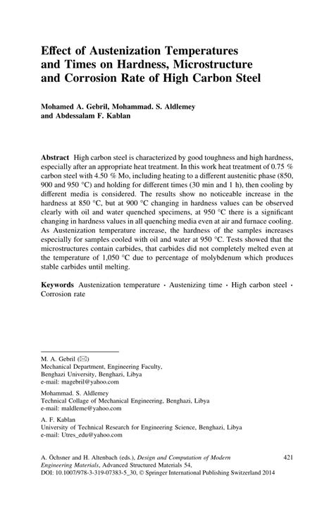 Pdf Effect Of Austenization Temperatures And Times On Hardness Microstructure And Corrosion