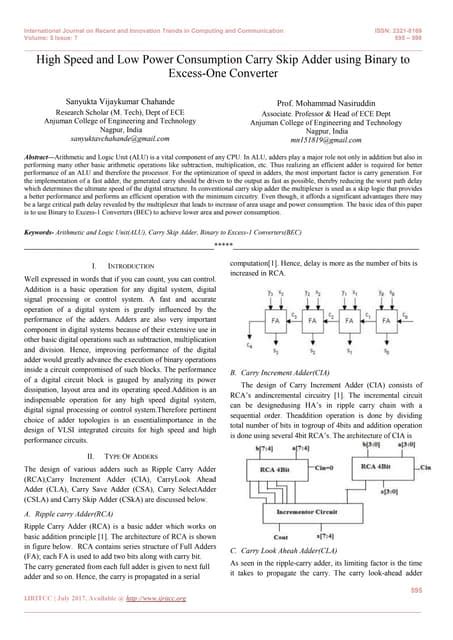 High Speed And Low Power Consumption Carry Skip Adder Using Binary To Excess One Converter Pdf