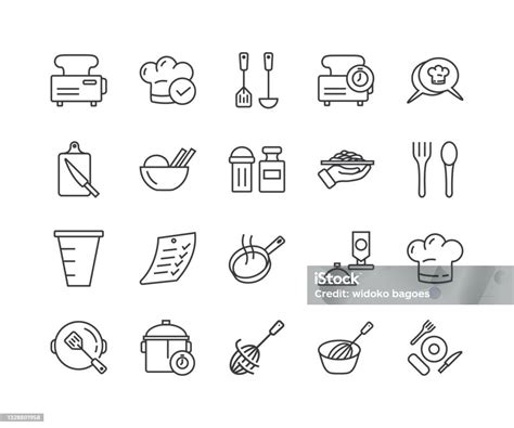요리 라인 아이콘 끓는 시간 프라이팬 및 주방 용품 포크 숟가락 칼 줄 아이콘 레시피 책 요리사 모자 및 도마 요리 책 프라이