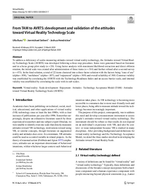 Pdf From Tam To Avrts Development And Validation Of The Attitudes Toward Virtual Reality
