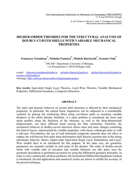 pdf higher order theories for structural analysis of doubly curved