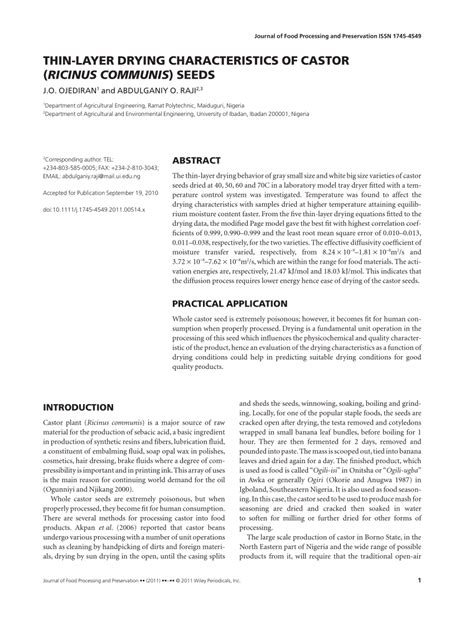 Pdf Thin Layer Drying Characteristics Of Castor Ricinus Communis Seeds