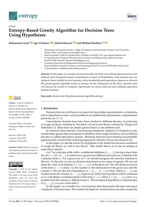 Pdf Entropy Based Greedy Algorithm For Decision Trees Using Hypotheses