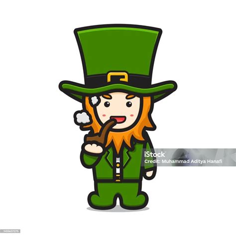 귀여운 레프러콘 세인트 패트릭 데이 캐릭터 파이프 흡연 만화 벡터 아이콘 일러스트 레이 션 3월에 대한 스톡 벡터 아트 및 기타 이미지 3월 St Patricks