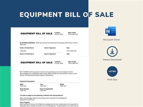 Basic Equipment Bill Of Sale Printable Editable Template 2 Page