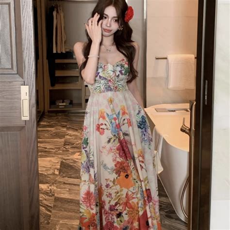 레드베리 여름신상꽃원피스 뷔스티에 리본 스카프 끈 나시 플라워 A라인 롱원피스 동양풍 수채화 비치 롱드레스 동남아 여행 해변 휴가 피크닉 바캉스 봄나들이 스냅 촬영