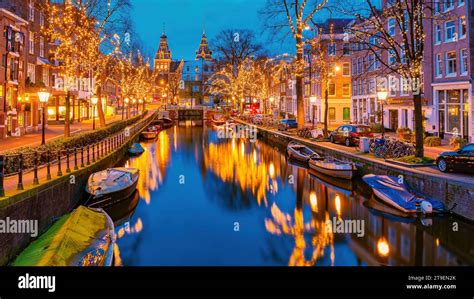 Amsterdam Netherlands Canals With Christmas Lights During December