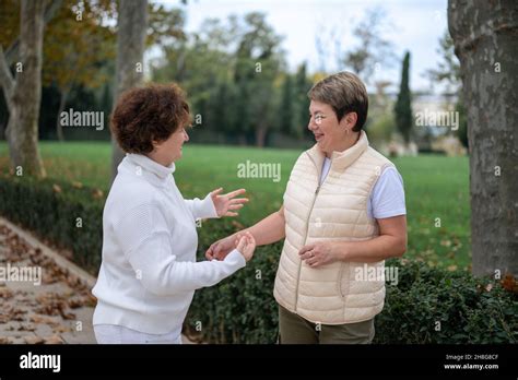 Two Senior Women Outdoors Two Eldery Woman Talking Two Old Friends Chatting In Park Smiling