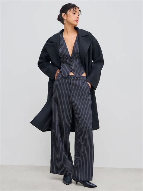 Woven V Neck Stripe Button Tank Top And Mid Rise Pocket Straight Leg Trousers Set For Work
