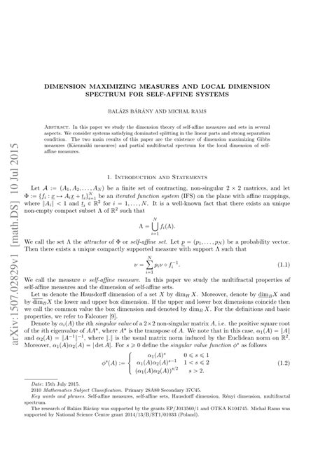 Pdf Dimension Maximizing Measures For Self Affine Systems