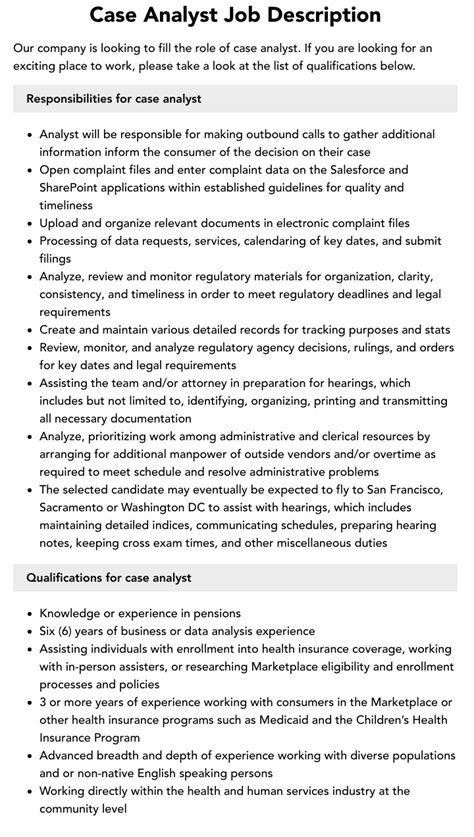 Case Analyst Job Description Velvet Jobs