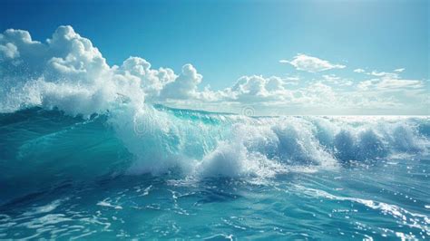 Vibrant Image Of A Cresting Wave In The Ocean With A Backdrop Of Puffy