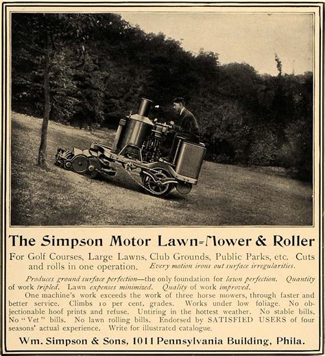 1907 Ad Wm Simpson Motor Lawn Mower Roller Riding Original Advertis