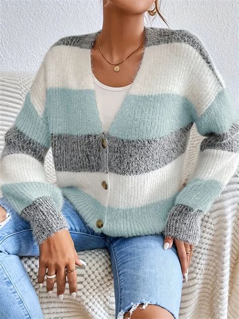 V 넥 버튼 프론트 카디건 봄과 가을을 위한 우아한 롱 슬리브 카디건 여성 의류 Temu Korea