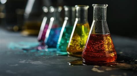 Colorful Lab Flasks On Dark Surface Premium Ai Generated Image