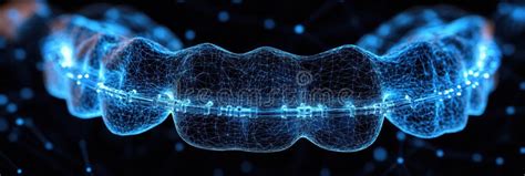 High Tech 3d Wireframe Dental Arch Model Showcasing Braces In A Futuristic Blue On Black Design