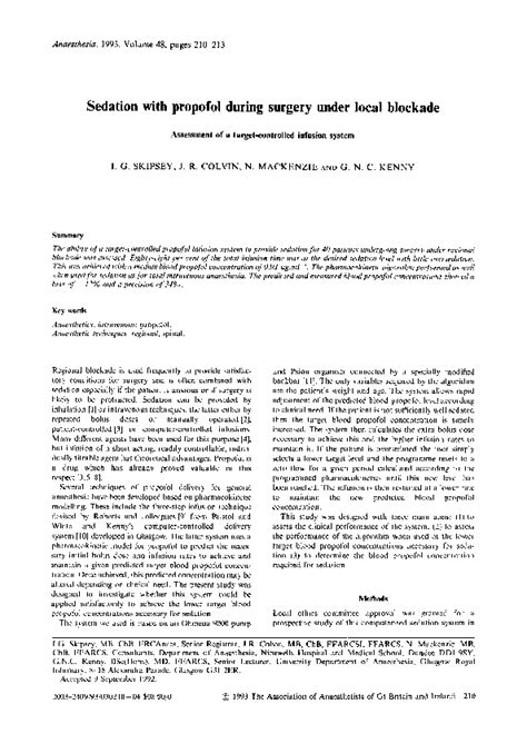 Pdf Sedation With Propofol During Surgery Under Local Blockade