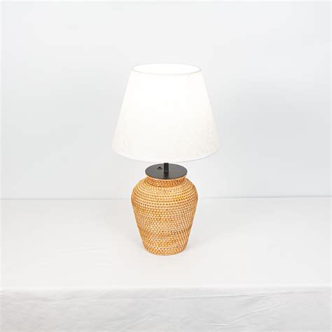 Fsliving Boho Rattan Vase Pot White Fabric Shade Cone Shape Table Lamp Rechargeable Battery