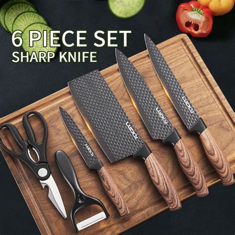High Quality Kitchen Knife Set 6 Piece Black Stainless Steel Multifunctionkitchen Tool Exquisite